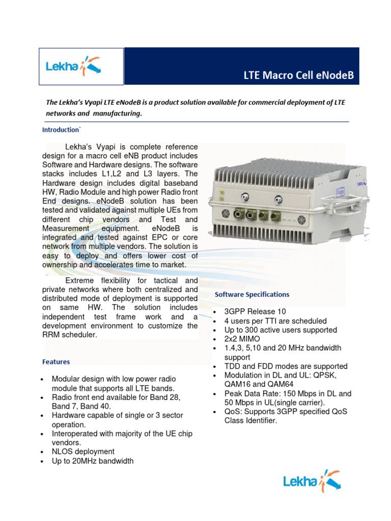 Lekha LTE eNodeB Solution Overview | PDF | Lte (Telecommunication) | Radio