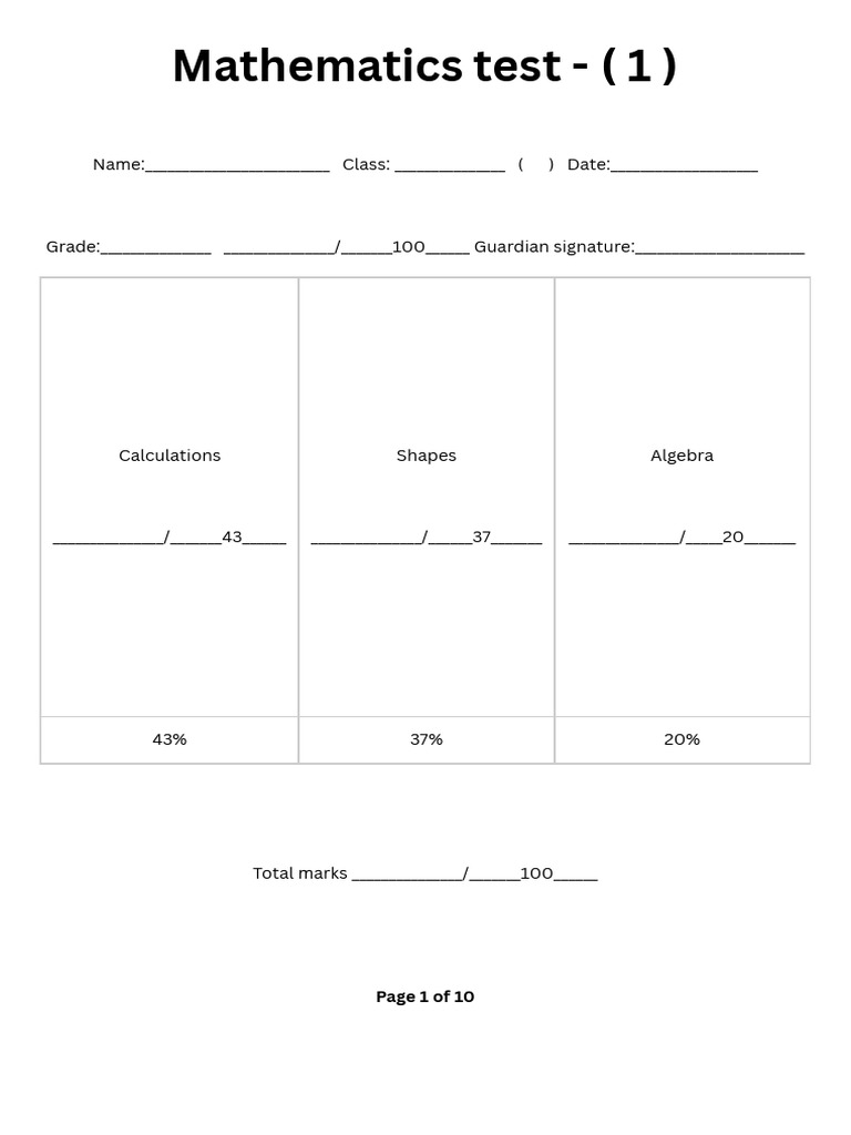 Mathematics Test Score Sheet | PDF