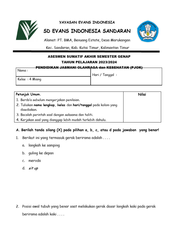SOAL ASESMEN SUMATIF KELAS 4 2024 | PDF