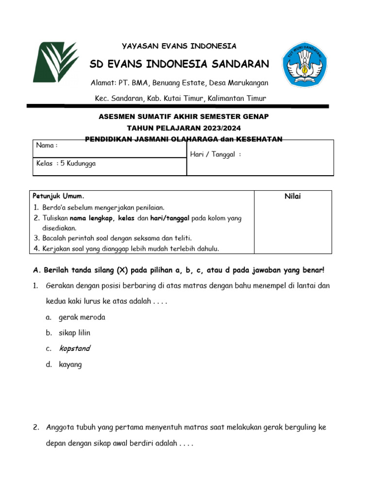 Soal Asesmen Sumatif Kelas 5 Ganjil 2024 | PDF | Olahraga & Rekreasi