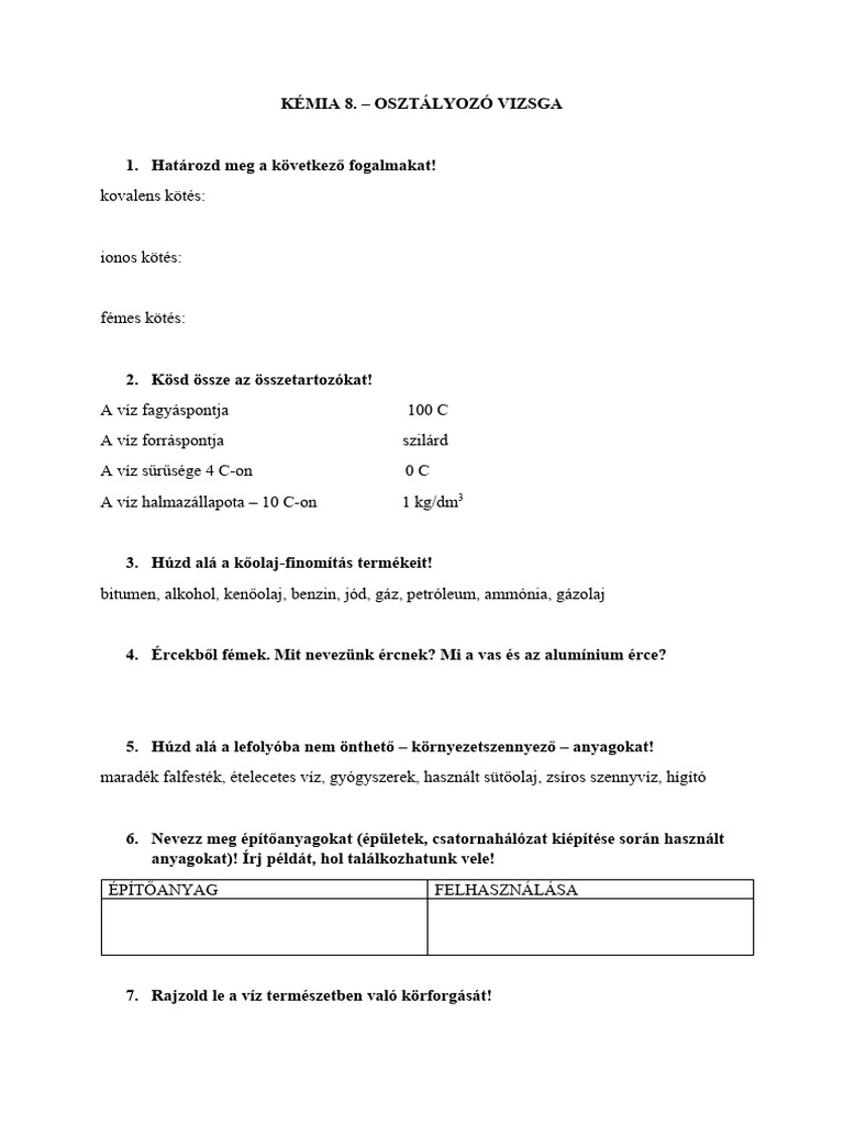 Kémia 8 Oszt. Vizsg. | PDF