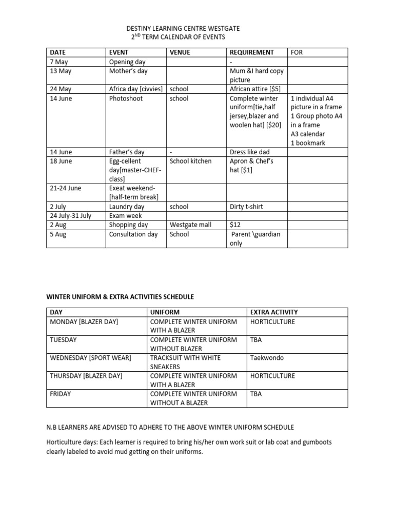 Dlc Calendar Of Events 2nd Term 2o24 Pdf Clothing Fashion