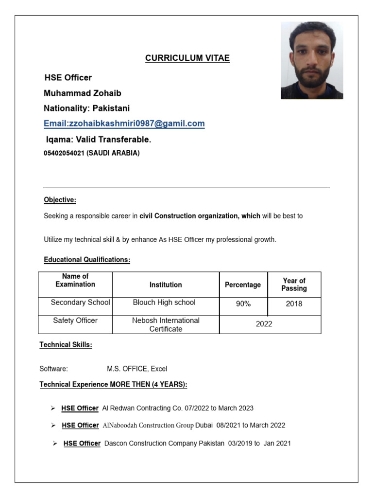 CV of Zohaib | PDF | Crane (Machine) | Safety