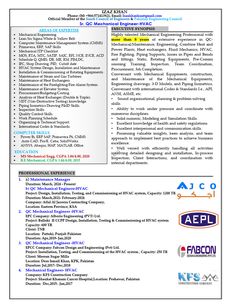 Izaz Khan QC Resume - HVAC | PDF | Quality Assurance | Specification (Technical Standard)