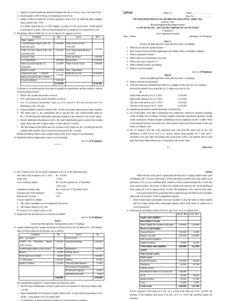 Advanced Corporate Accounting | PDF | Equity (Finance) | Balance Sheet