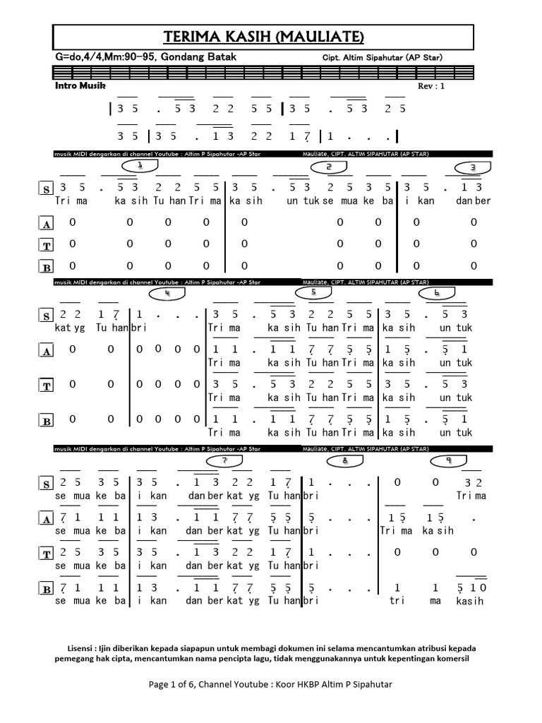 Terimakasih (Mauliate) - Koor Gondang Batak | PDF