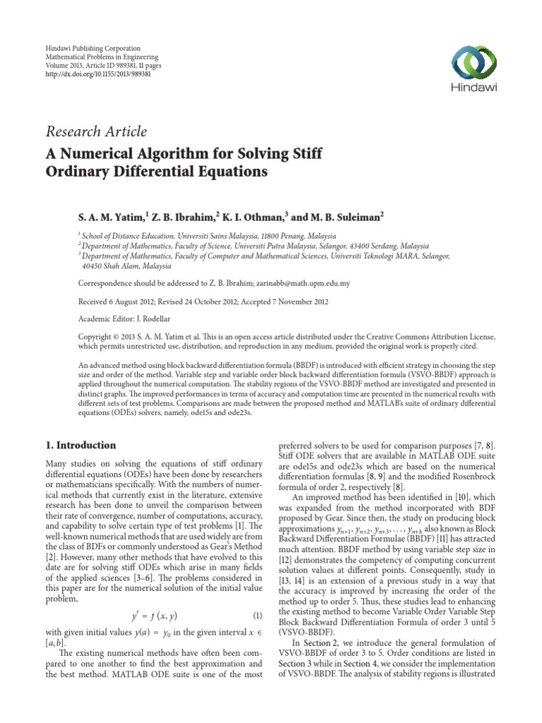 A Numerical Algorithm For Solving Stiff Ordinary Differential Equations ...