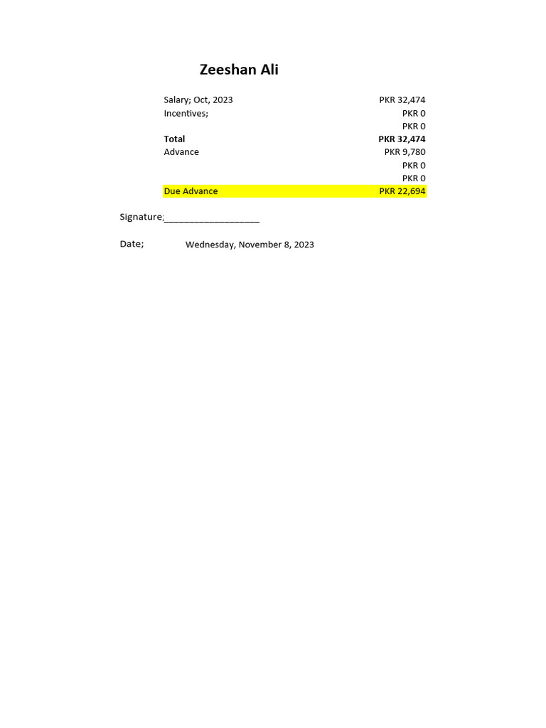Zeeshan Ali Salary and Advance Details | PDF