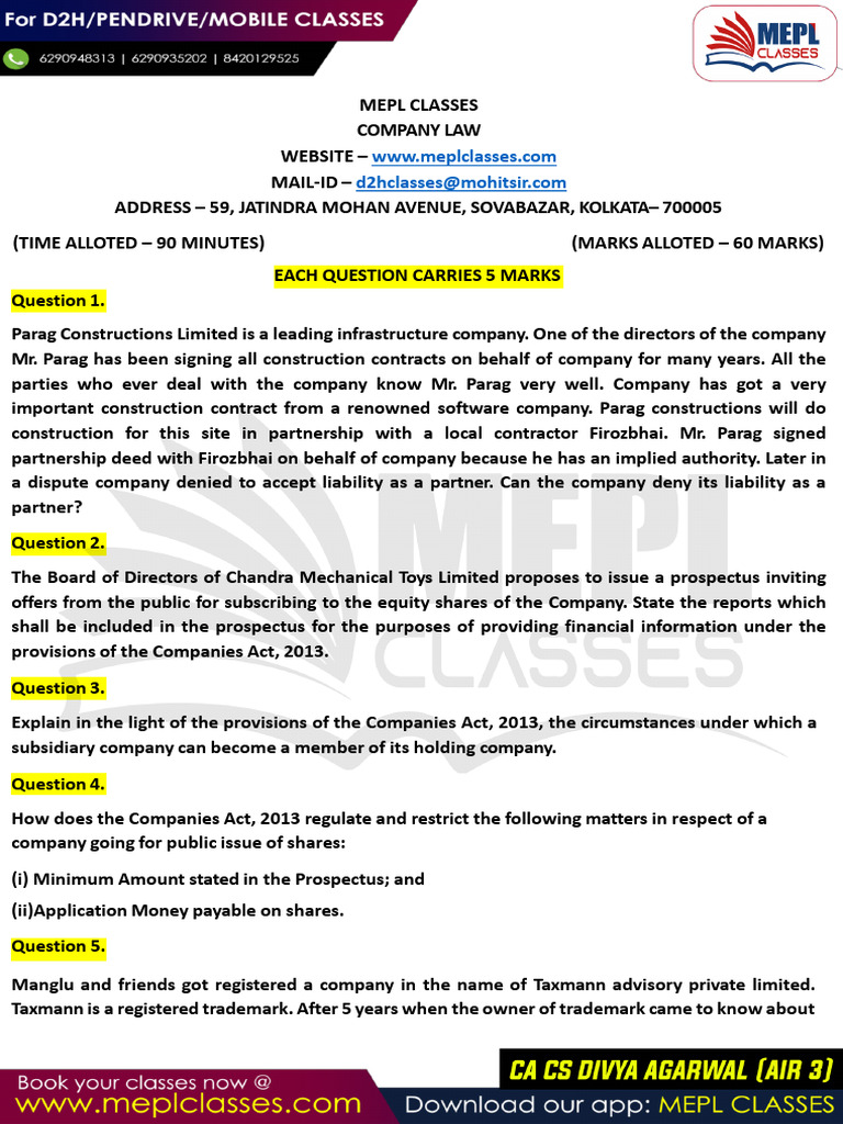 COMPANY_LAW_PROSPECTUS_&_INCORPORATION_QUESTION_PAPER_1 | PDF | Partnership | Securities (Finance)