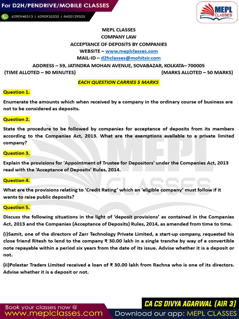 Acceptance of Deposits by Companies - Question Paper | PDF | Deposit ...
