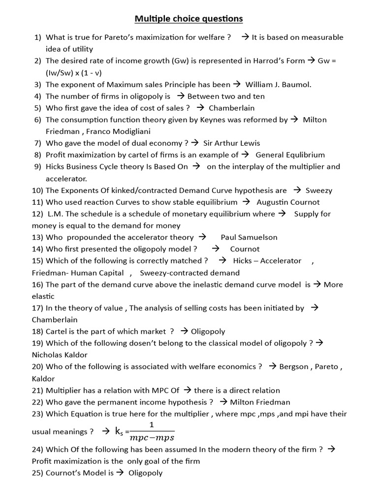 10 Economics Multiple Choice Questions | PDF | Economic Equilibrium ...