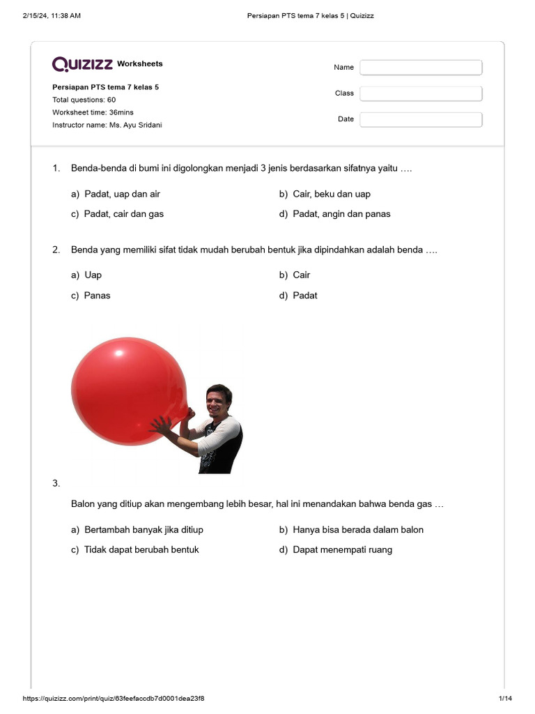 Persiapan PTS Tema 7 Kelas 5 - Quizizz | PDF