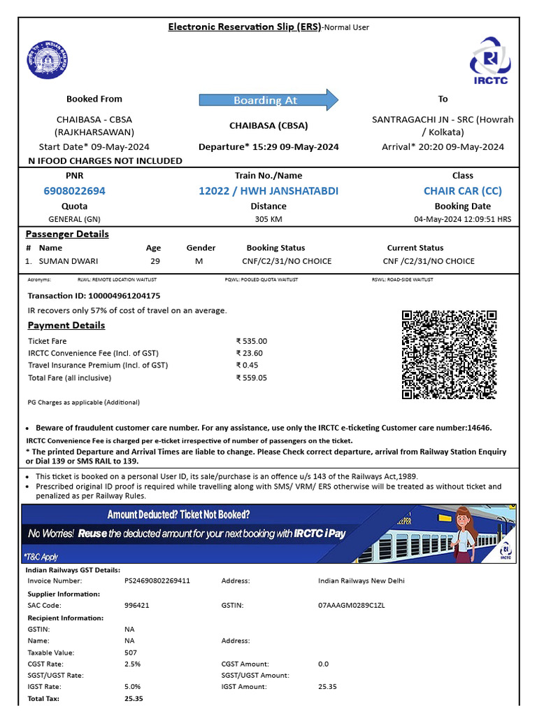 Chaibasa To Howrah - 09.05.24 | PDF | Identity Document