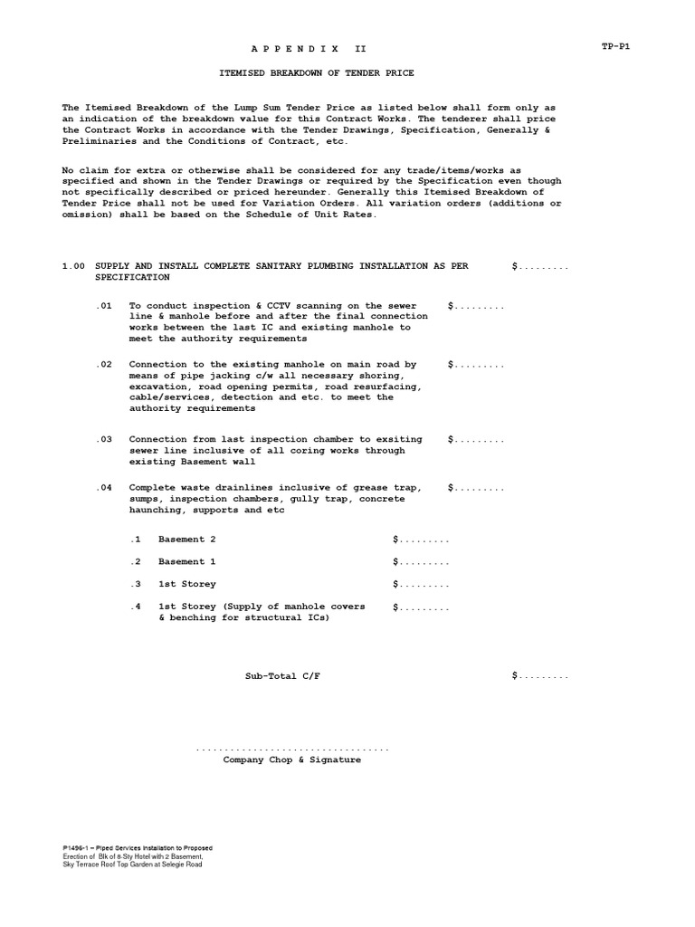 Itemised Breakdown of Tender Price | PDF | Basement | Pump