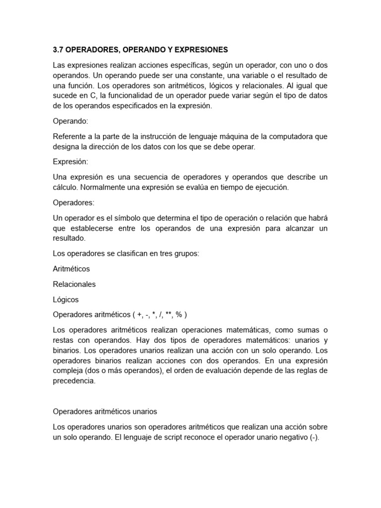3.7 Operadores, Operando y Expresiones | PDF | Lenguaje de programación ...