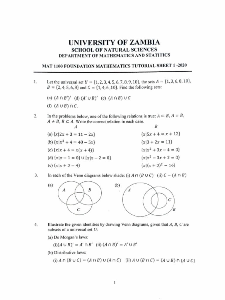 2020 Maths Tutorial Sheet 1 | PDF