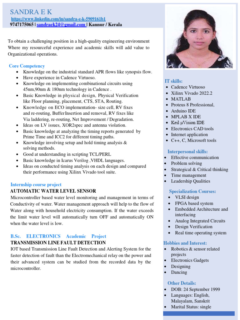 SANDRA E K M.tech VLSI - Resume | PDF | Field Programmable Gate Array | Computer Science