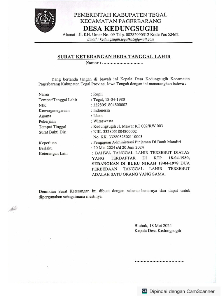 Surat Beda Tanggal Lahir | PDF