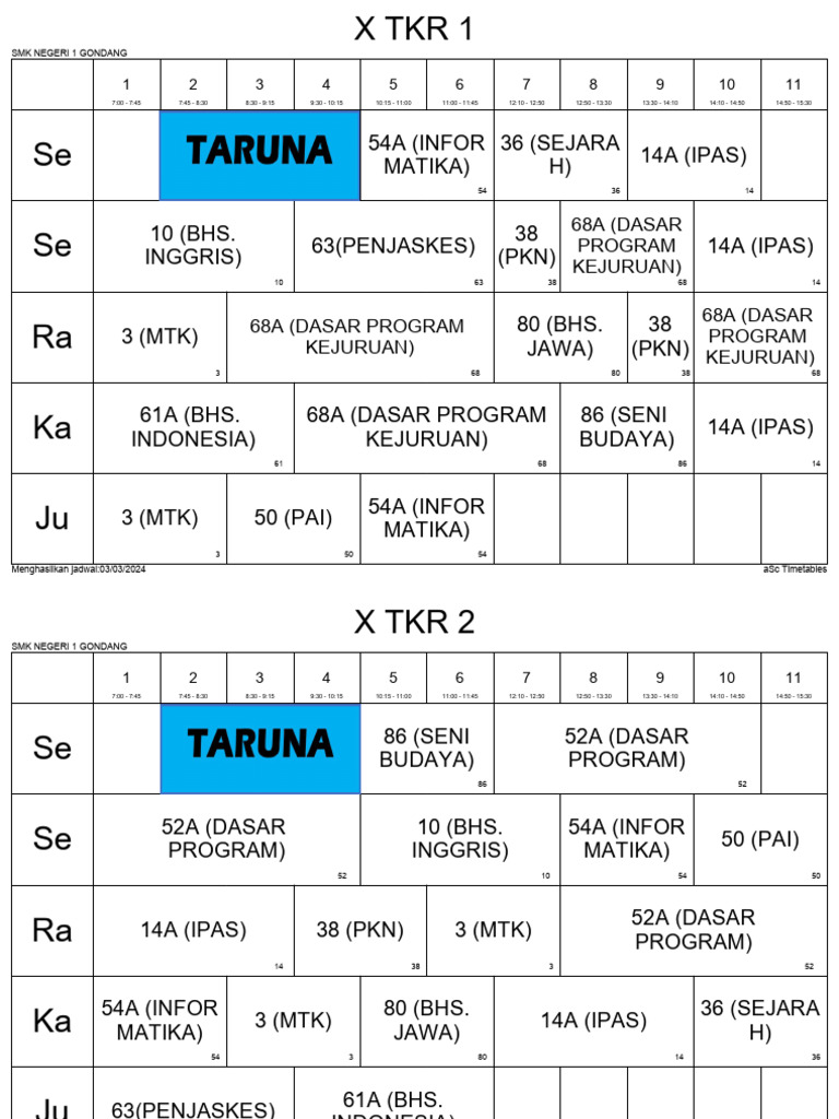 Jadwal Kelas Semester Genap TP 2023 2024 Tahap 2 | PDF
