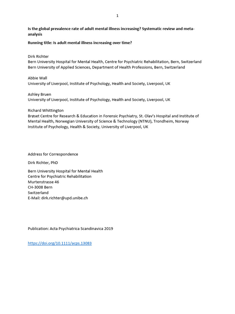 Is The Global Prevalence Rate of Adult Mental Illness Increasing - Systematic Review and Meta ...