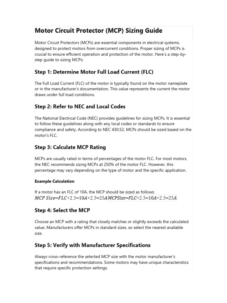MCP Sizing Guide for Motor Protection | PDF | Technology & Engineering