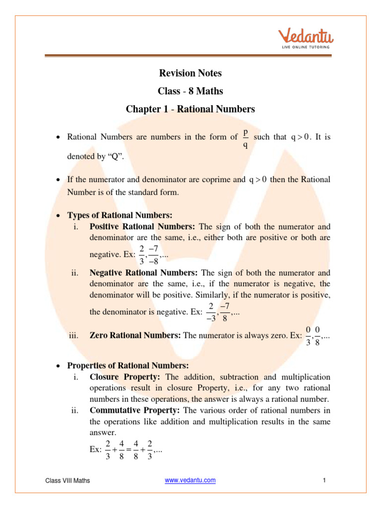 Rational Numbers Class 8 Notes CBSE Maths Chapter 1 (PDF) | Download ...