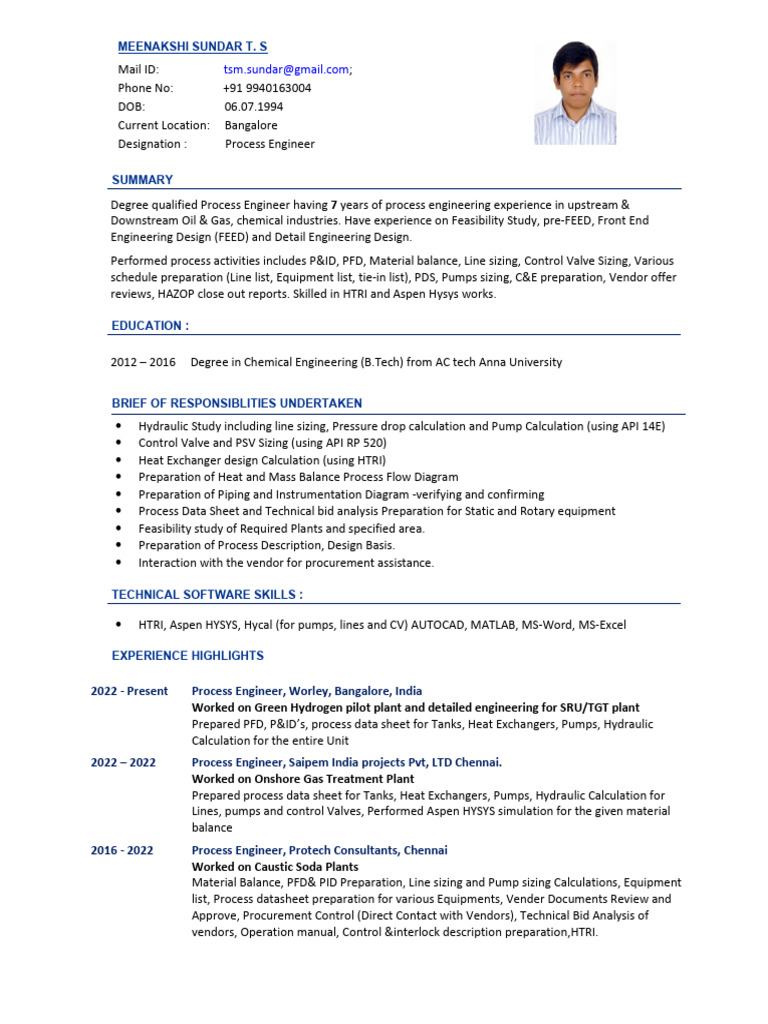 Meenakshi Sundar - CV | PDF | Pump | Process Engineering