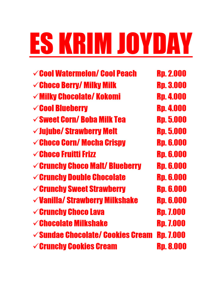 Joyday Ice Cream Price List | PDF | Cooking, Food & Wine