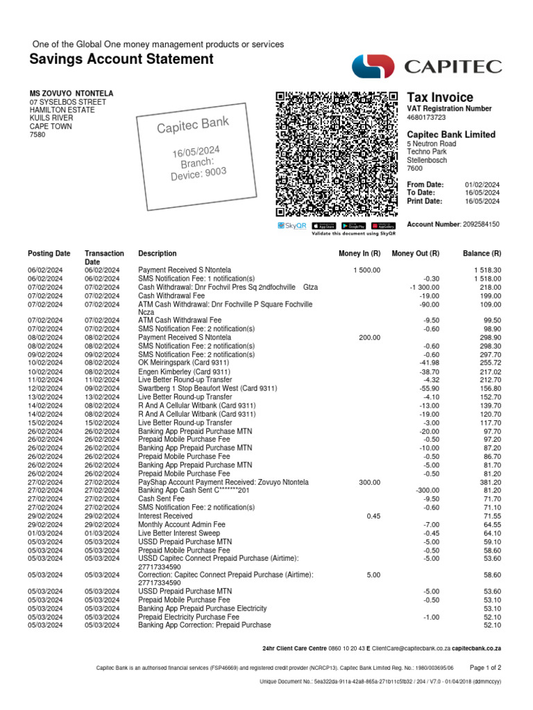 Capitec Bank Savings Statement | PDF | Prepaid Mobile Phone | Payments