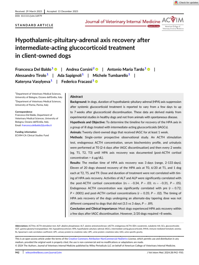 Veterinary Internal Medicne - 2024 - Del Baldo - Hypothalamic‐Pituitary‐Adrenal Axis Recovery ...
