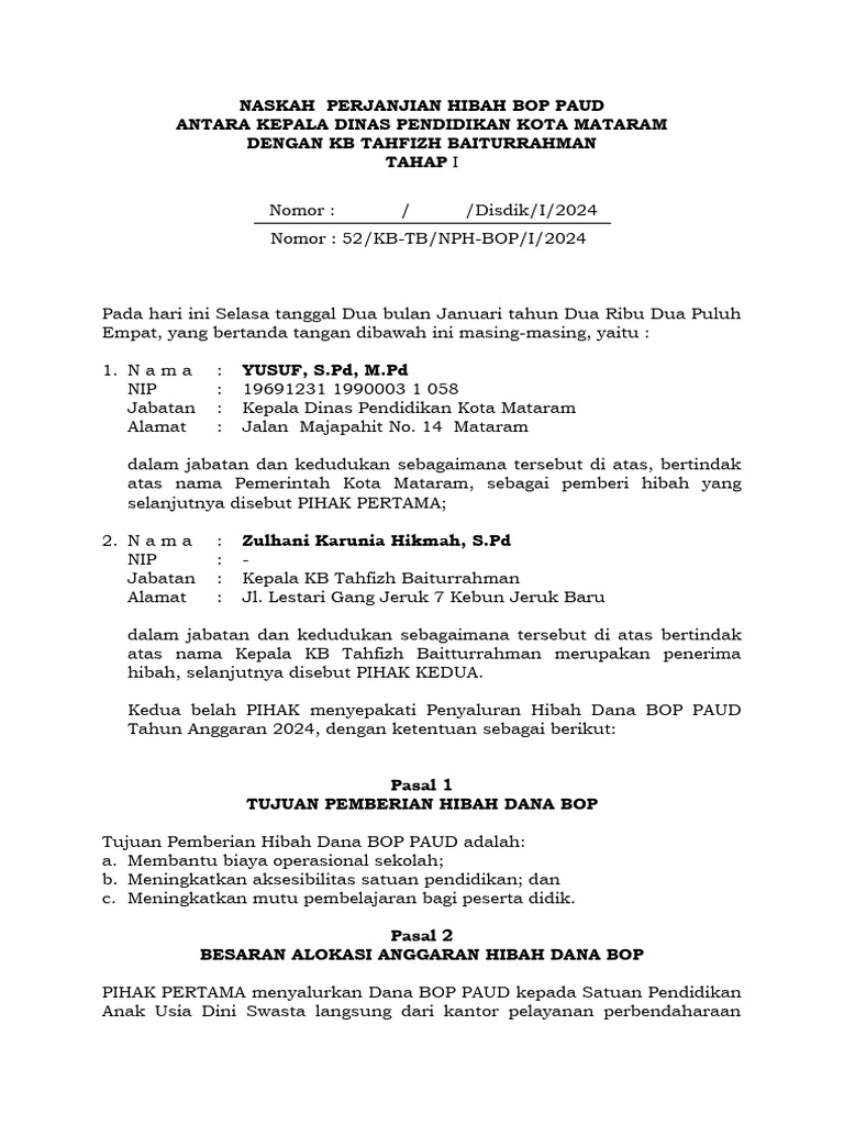Naskah Perjanjian Hibah Bop Paud | PDF