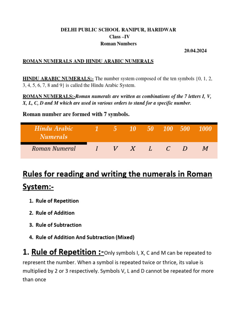 Notes Of Roman Numerals Pdf