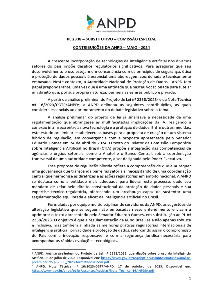 Contribuições da ANPD ao PL 2338/2023 | PDF | Inteligência artificial ...