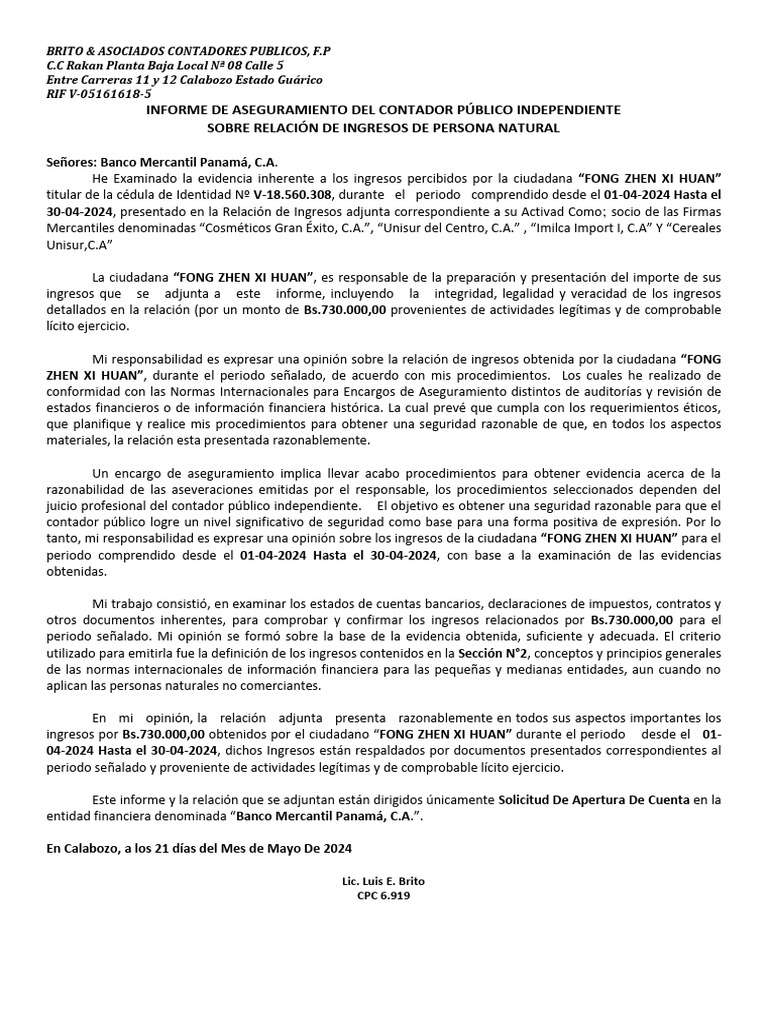 Informe de Atestiguamiento Fong Zhen Xi Huan | PDF | Contador
