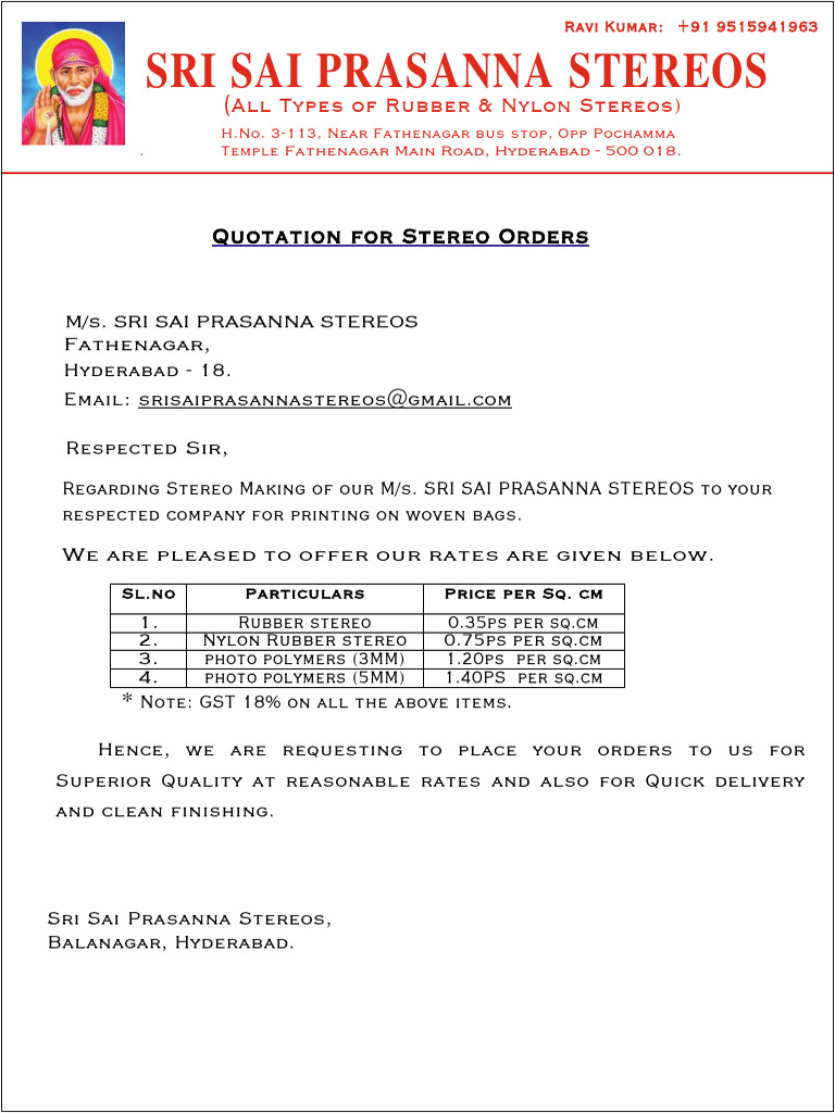 Sri Sai Prasanna Stereos Quotation Final | PDF