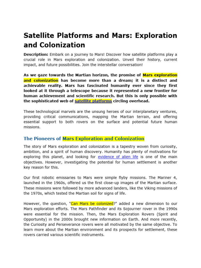 Satellite Platforms in Mars Colonization | PDF | Exploration Of Mars | Mars