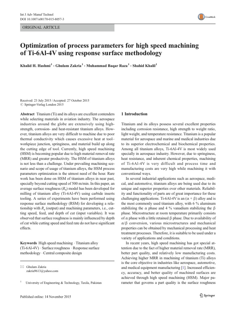 Optimization Of Process Parameters For High Speed Machining Pdf Machining Titanium