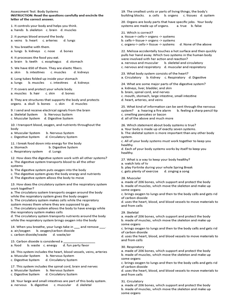Assessment Test Body Systems | PDF | Human Body | Muscle