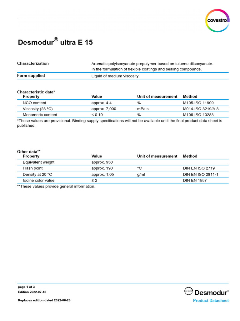 Desmodur Ultra E 15 - en - 86620634 23266676 23505085 | PDF | Viscosity | Physical Sciences