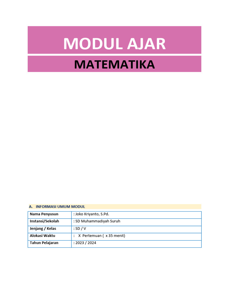 Modul Ajar Matematika 5 Bilangan Cacah Sampai 100000 | PDF