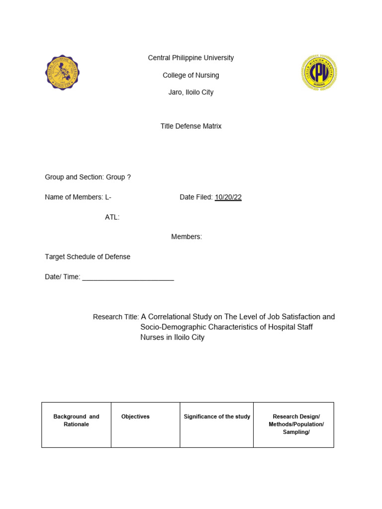 Title-Defense-Matrix-sample | PDF | Job Satisfaction | Nursing