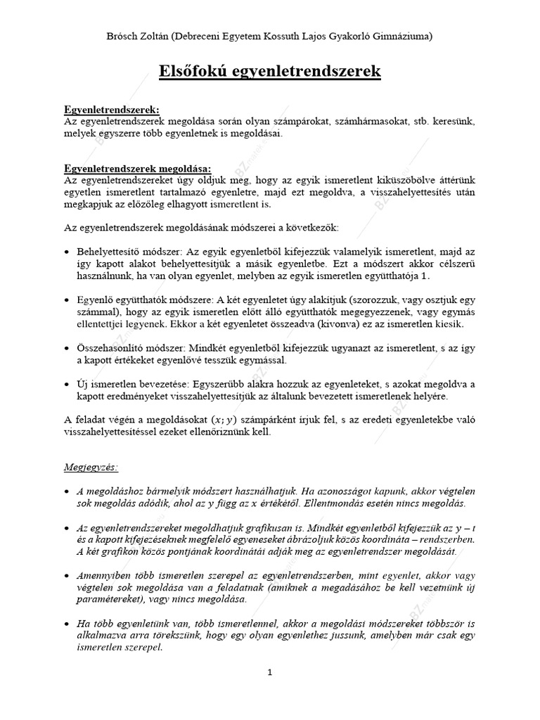 Egyenletek IV. Elsofoku Egyenletrendszerek E | PDF