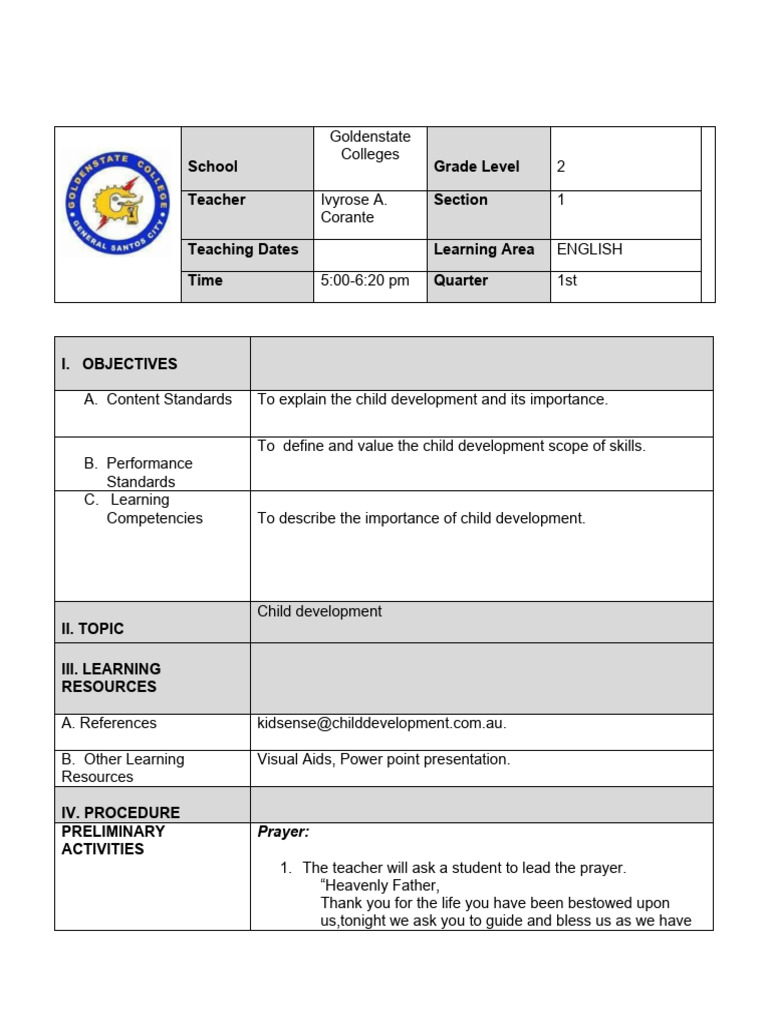 Detailed Lesson Plan | Download Free PDF | Child Development | Learning