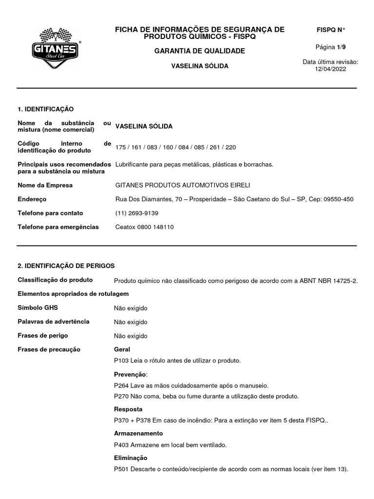 FISPQ Vaselina Sólida GITANES | PDF | Embalagem e rotulagem | Química