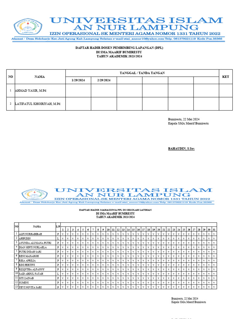 Daftar Hadir DPL Dan Maha Siswa | PDF