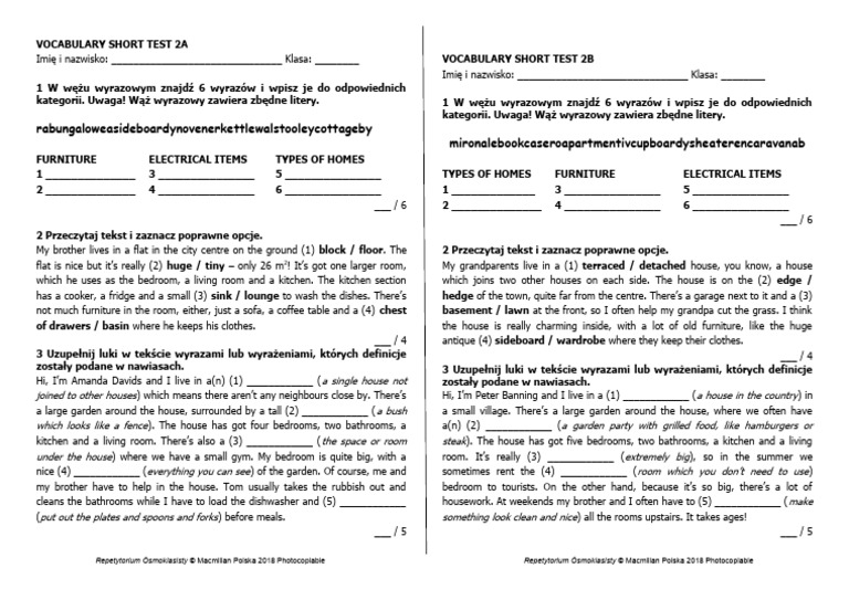 Vocabulary Short Test 2A and 2B | PDF | Bedroom | Home
