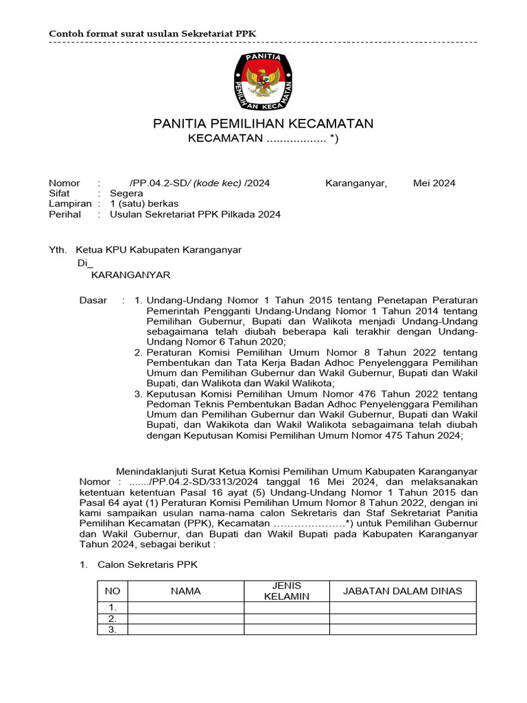 Contoh Format Surat PPK Usulan Sekretariat | PDF