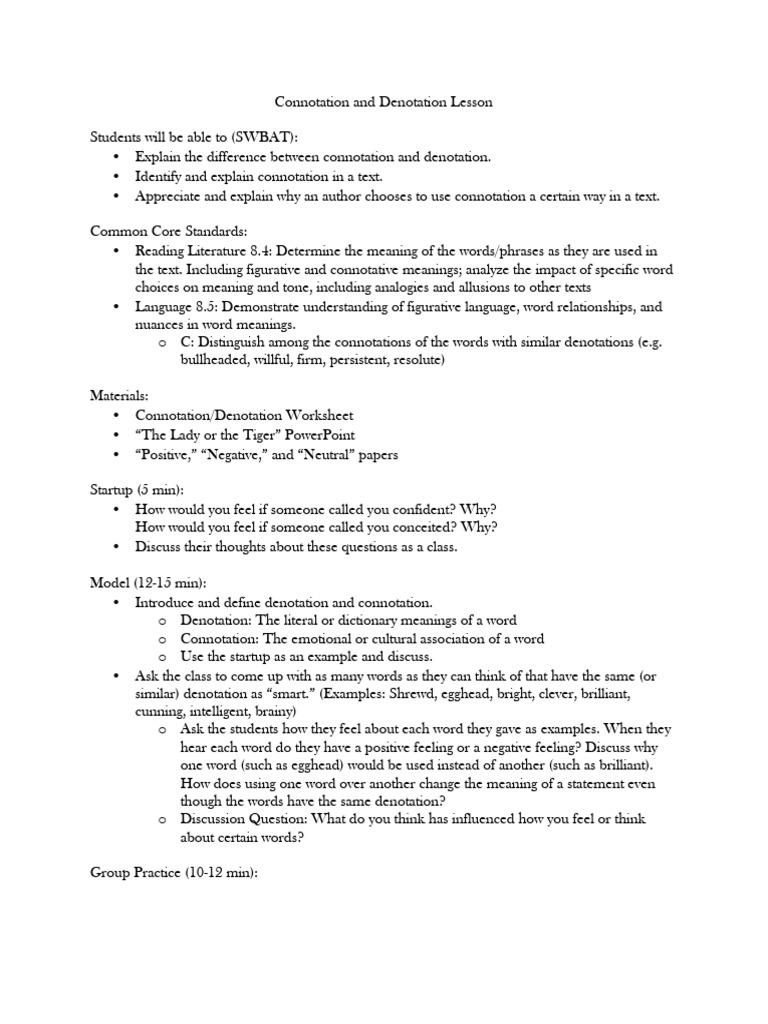 Connotation Lesson Plan | PDF | Connotation | Word