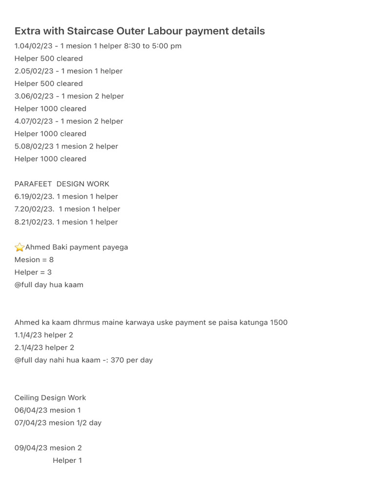 Extra With Staircase Outer Labour Payment Details | PDF | Building ...