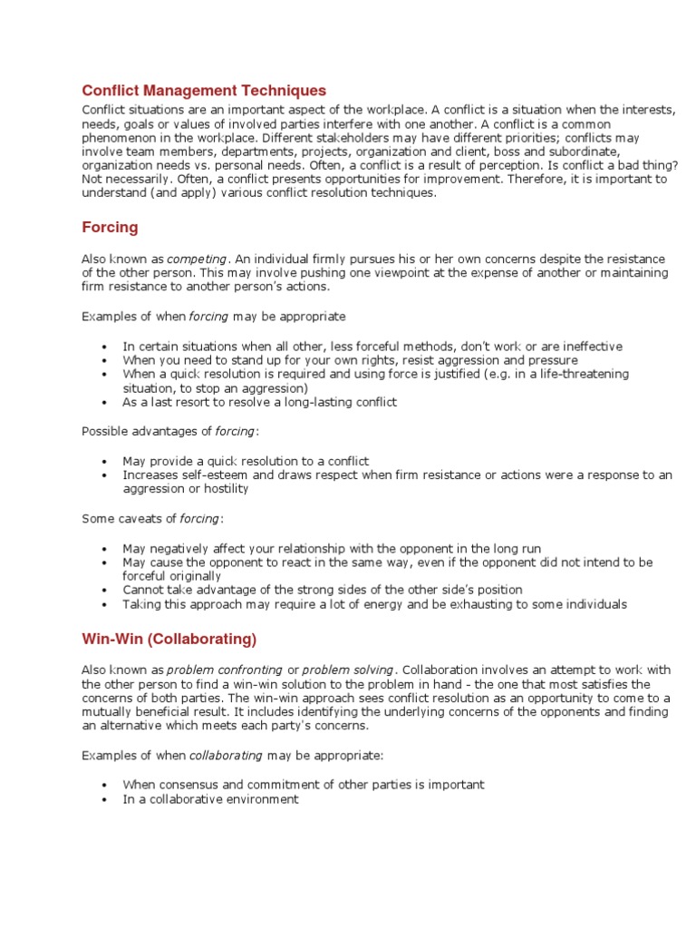 Conflict Management Techniques Pdf Aggression Conflict Resolution
